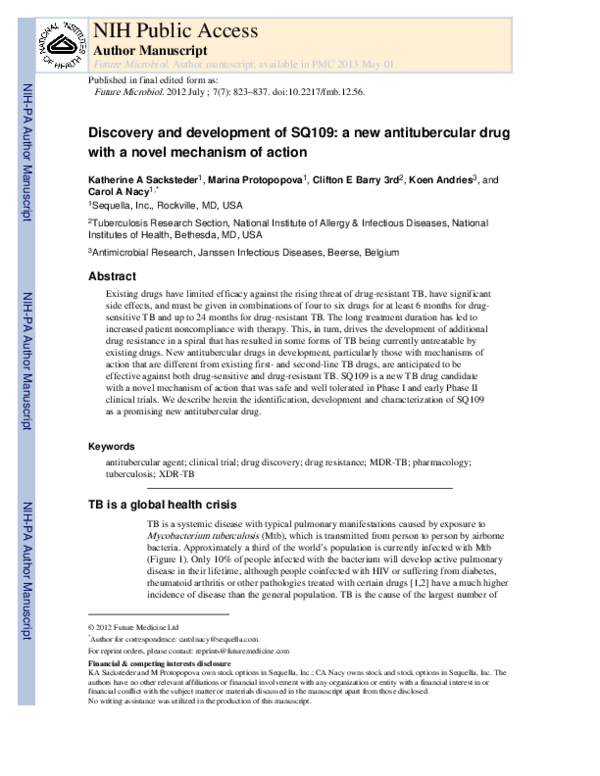 (PDF) Discovery and development of SQ109: a new antitubercular drug ...