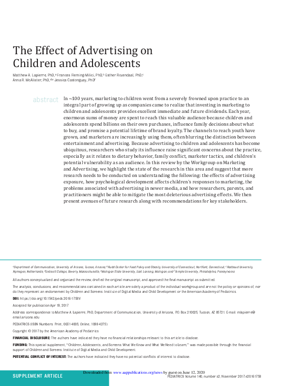 (PDF) The Effect of Advertising on Children and Adolescents