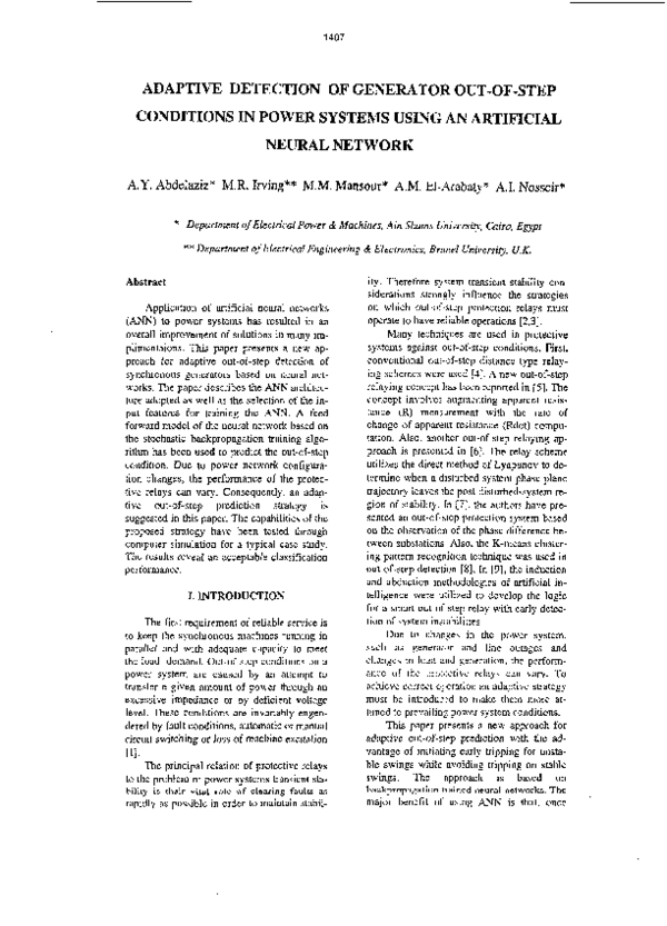 (PDF) Adaptive detection of generator out-of-step conditions in power systems using an ...