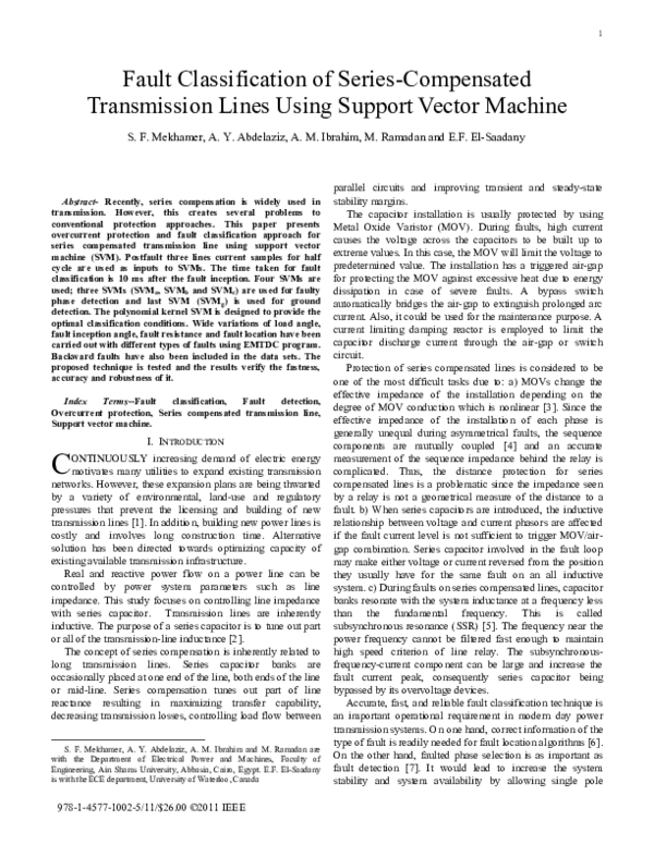 (PDF) Fault Classification of Series-Compensated Transmission Lines Using Support Vector Machine
