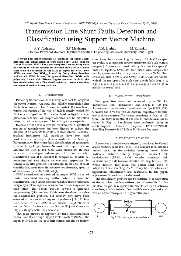 (PDF) Transmission Line Shunt Faults Detection and Classification using Support Vector Machine