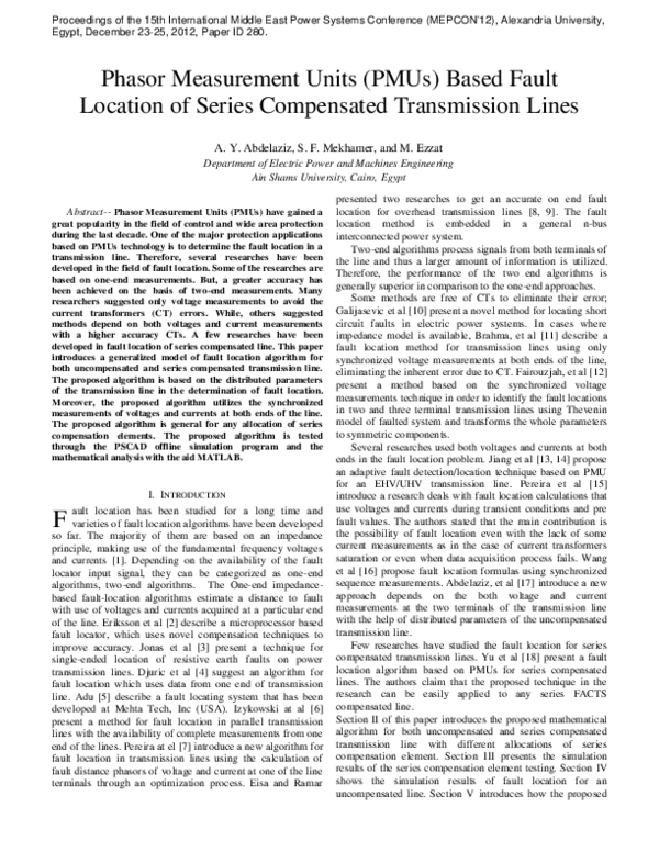 (PDF) Phasor Measurement Units (PMUs) Based Fault Location of Series Compensated Transmission Lines
