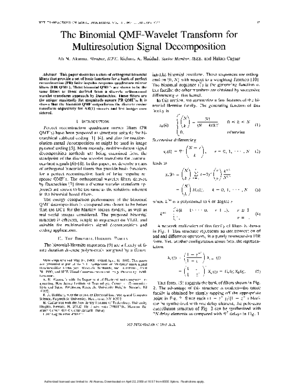 Pdf The Binomial Qmf Wavelet Transform For Multiresolution Signal