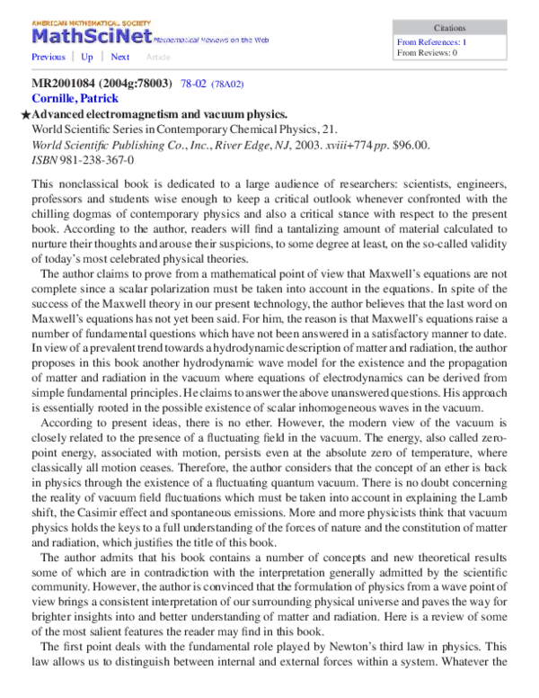 (PDF) MR2001084,Advanced electromagnetism and vacuum physics, Cornille ...