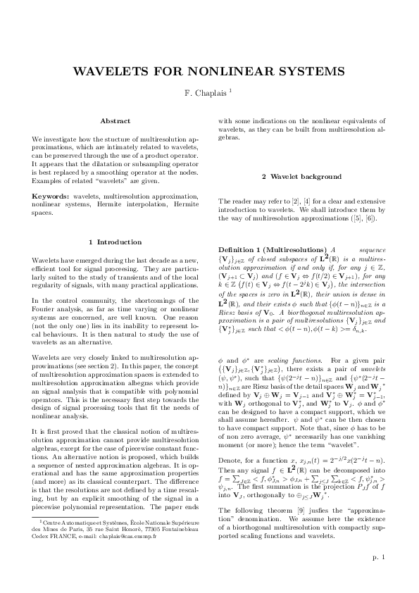 (PDF) Wavelets for nonlinear systems | Francois Chaplais - Academia.edu