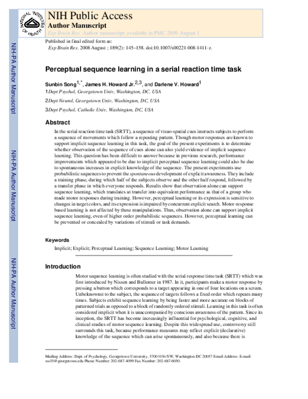 (PDF) Perceptual sequence learning in a serial reaction time task