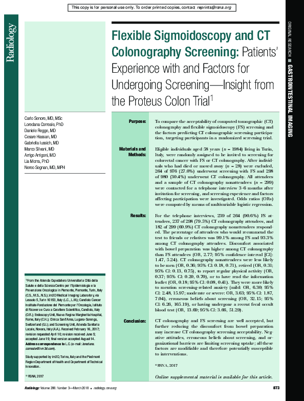 (PDF) Flexible Sigmoidoscopy and CT Colonography Screening: Patients ...