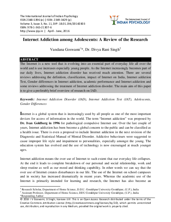 (PDF) Internet Addiction among Adolescents: A Review of the Research
