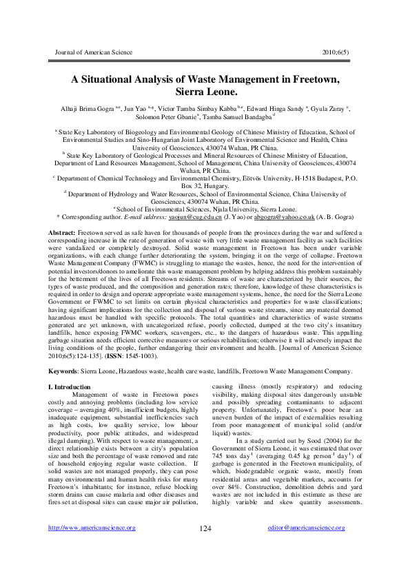 (PDF) A Situational Analysis of Waste Management in Freetown, Sierra Leone