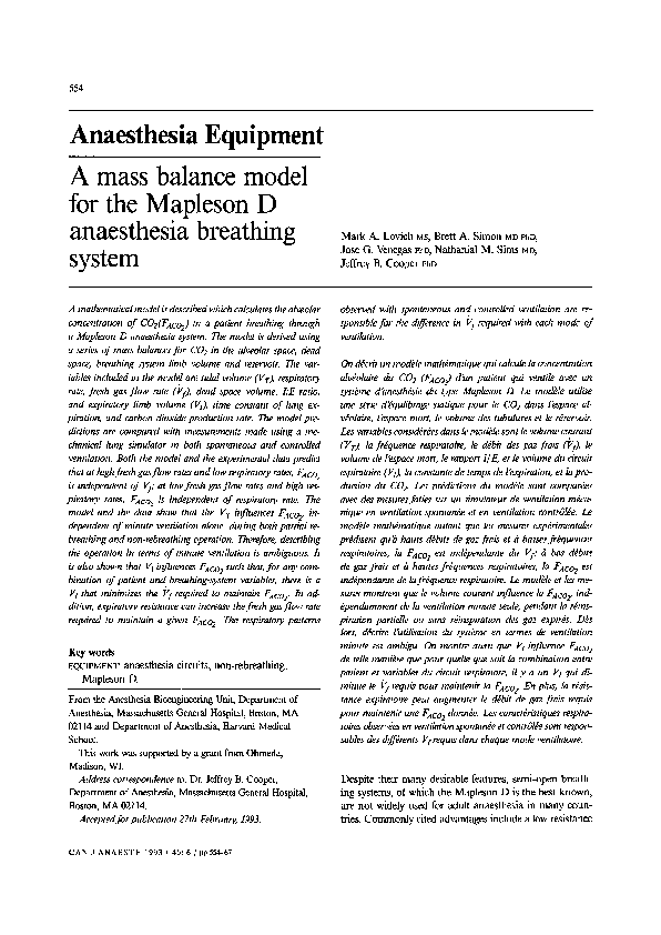 (PDF) A mass balance model for the Mapleson D anaesthesia breathing system
