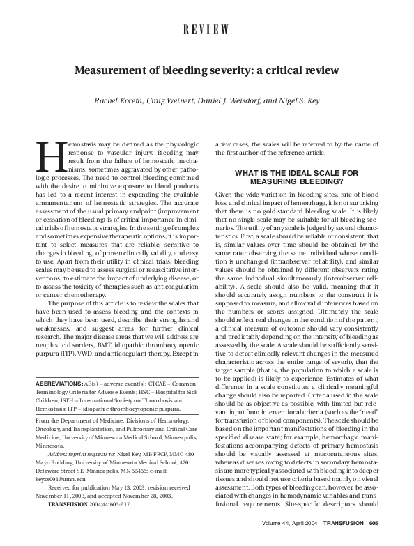 (PDF) Measurement of bleeding severity: a critical review
