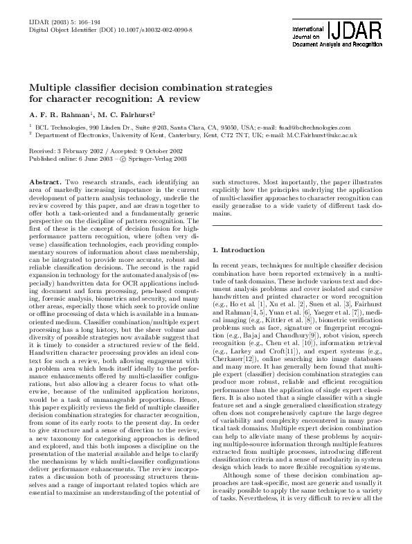 (PDF) Multiple classifier decision combination strategies for character recognition: A review ...