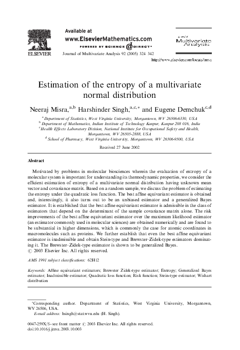 (PDF) Estimation of the entropy of a multivariate normal distribution