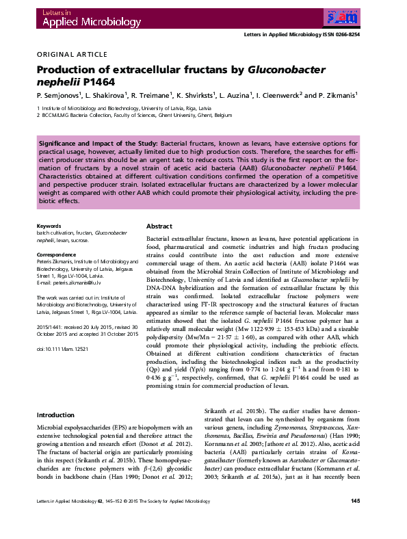 (PDF) Production of extracellular fructans by Gluconobacter nephelii P1464
