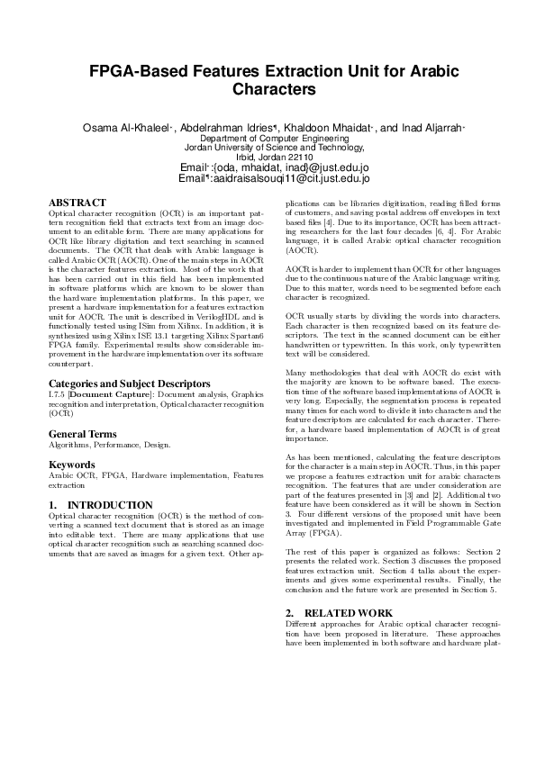 (PDF) FPGA-Based Features Extraction Unit for Arabic Characters