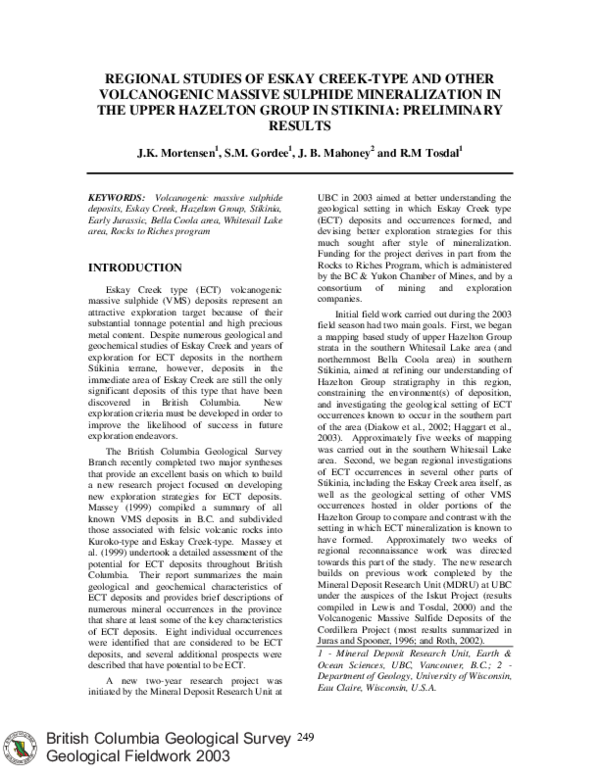 (PDF) Regional Studies of Eskay Creek-Type and Other Volcanogenic ...