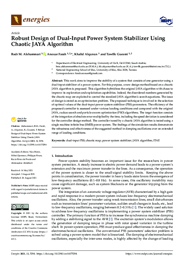 (PDF) Robust Design of Dual-Input Power System Stabilizer Using Chaotic JAYA Algorithm