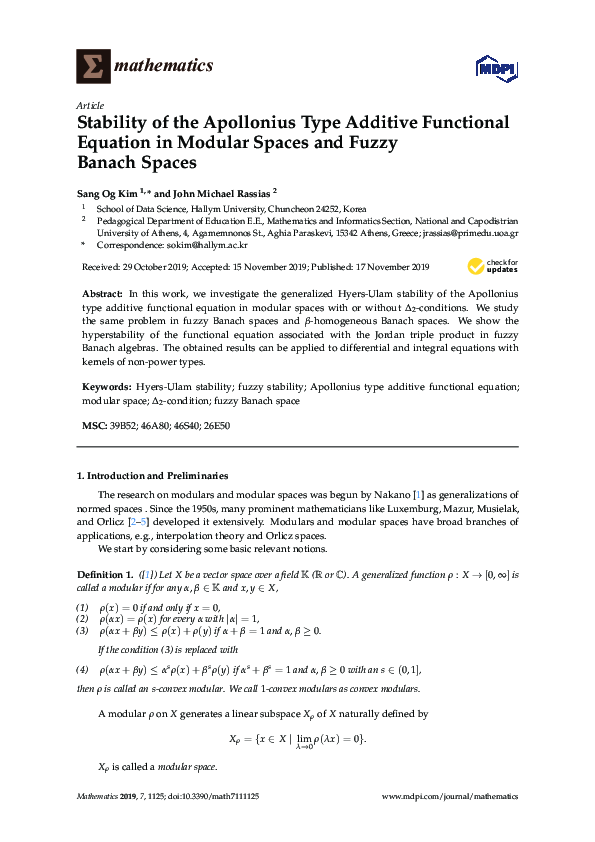 (PDF) Stability of the Apollonius Type Additive Functional Equation in Modular Spaces and Fuzzy ...