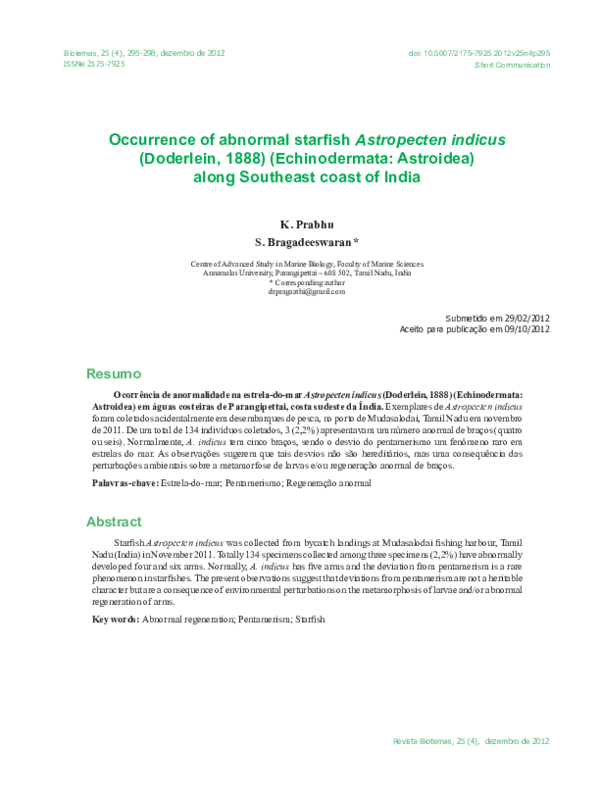 (PDF) Occurrence of abnormal starfish Astropecten indicus (Doderlein ...