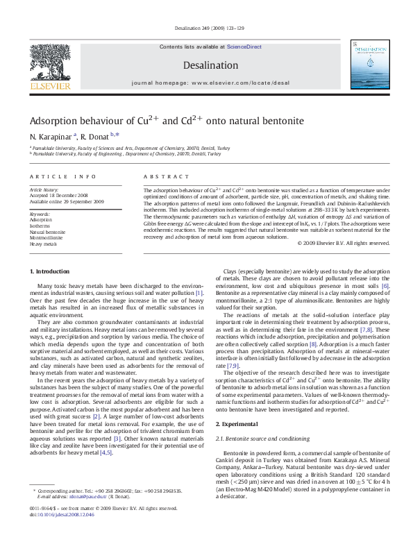 (PDF) Adsorption behaviour of Cu2+ and Cd2+ onto natural bentonite