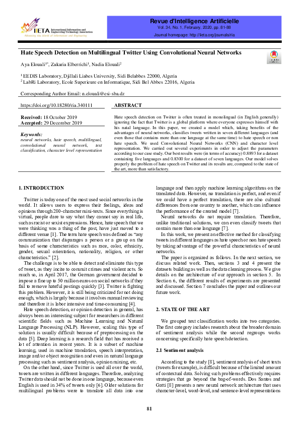 Pdf Hate Speech Detection On Multilingual Twitter Using Convolutional Neural Networks Aya
