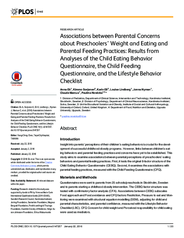(PDF) Associations between Parental Concerns about Preschoolers’ Weight ...