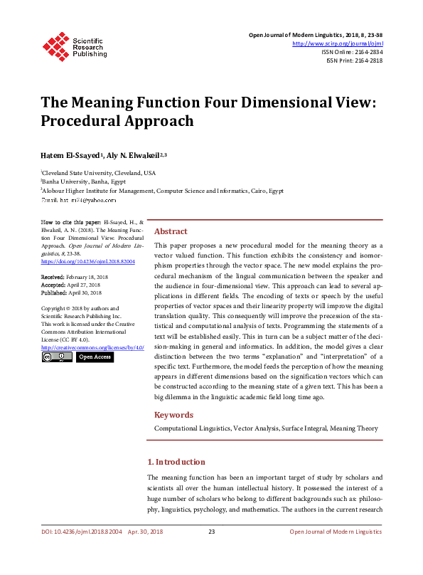 (PDF) The Meaning Function Four Dimensional View: Procedural Approach
