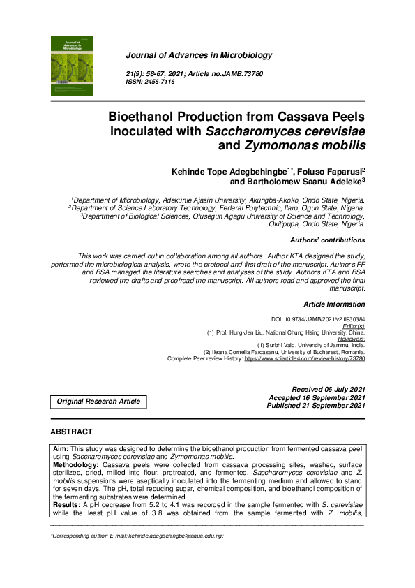 Pdf Bioethanol Production From Cassava Peels Inoculated With