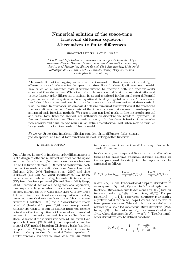 Pdf Numerical Solution Of The Space Time Fractional Diffusion
