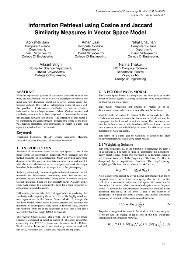 (PDF) Information Retrieval using Cosine and Jaccard Similarity Measures in Vector Space Model