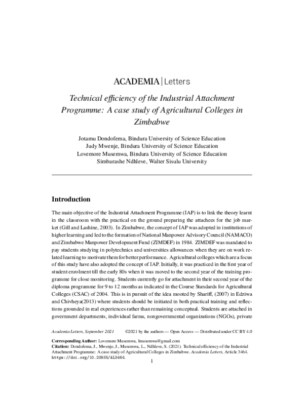 (PDF) Technical efficiency of the Industrial Attachment Programme: A ...