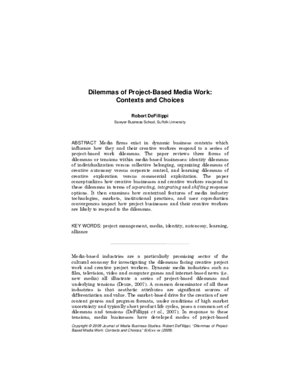 (PDF) Dilemmas of Project-Based Media Work: Contexts and Choices