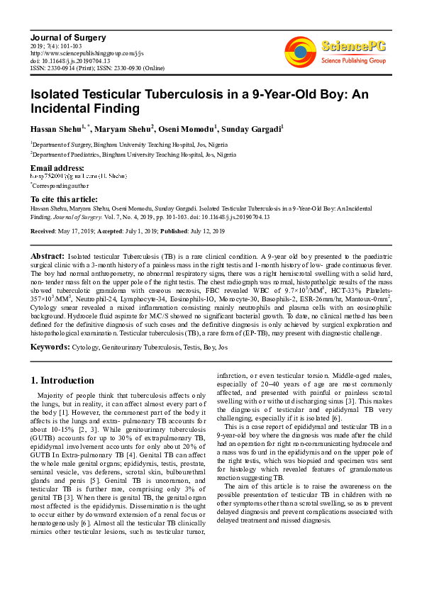 (PDF) Isolated Testicular Tuberculosis in a 9-Year-Old Boy: An ...