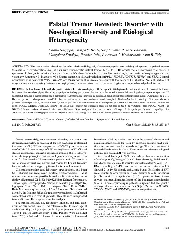 (PDF) Palatal Tremor Revisited: Disorder with Nosological Diversity and ...