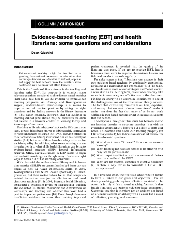 (PDF) Evidence-based teaching (EBT) and health librarians: some ...