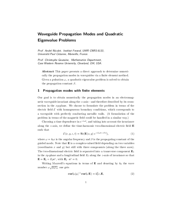 (PDF) Waveguide Propagation Modes and Quadratic Eigenvalue Problems