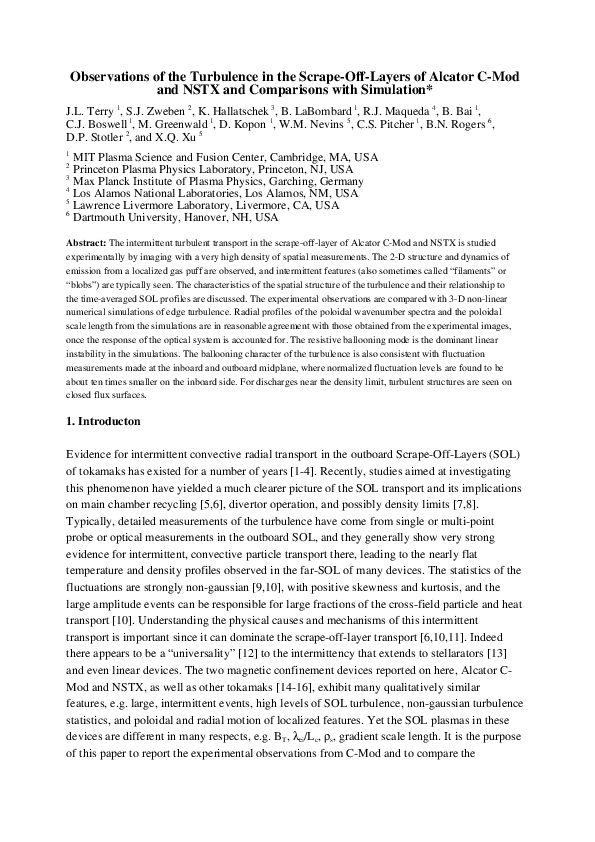 (PDF) Observations of the turbulence in the scrape-off-layer of Alcator C-Mod and comparisons ...