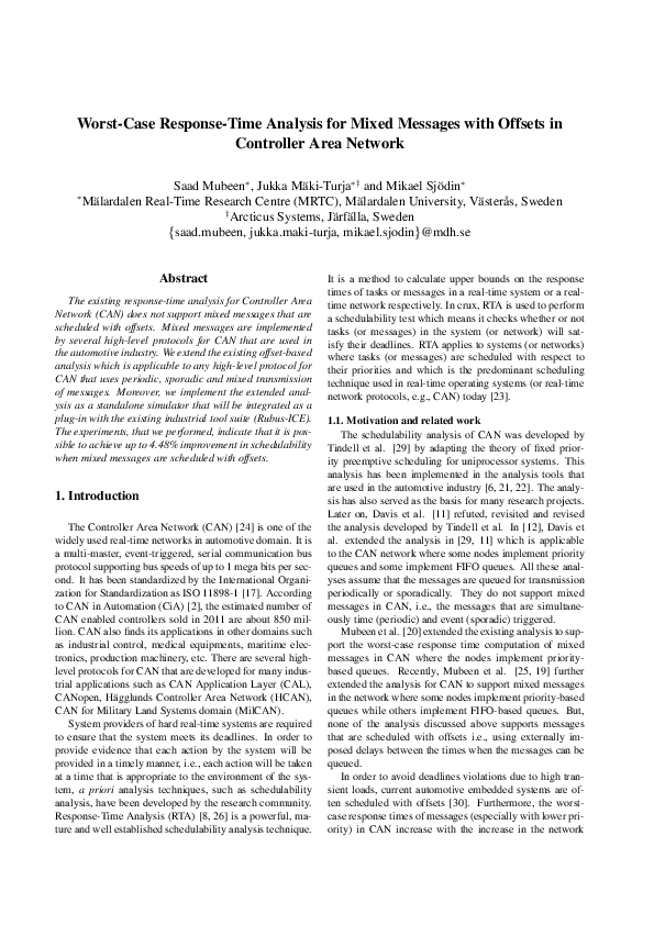 Pdf Worst Case Response Time Analysis For Mixed Messages With Offsets In Controller Area Network