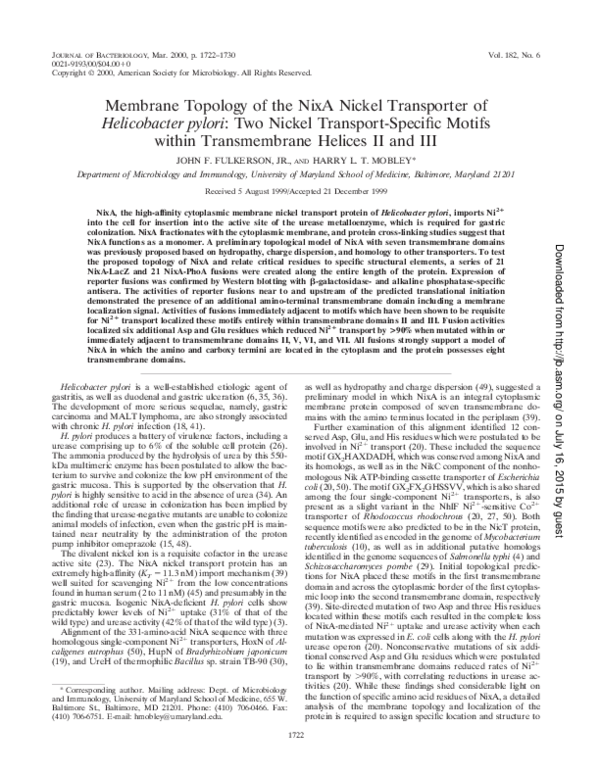 (PDF) Membrane Topology of the NixA Nickel Transporter of Helicobacter ...