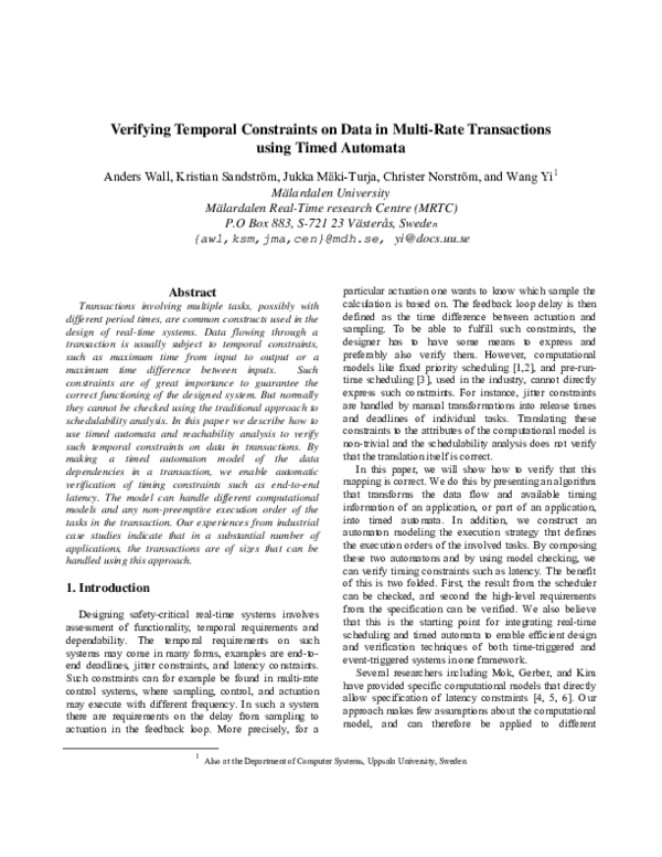 (PDF) Verifying temporal constraints on data in multi-rate transactions using timed automata