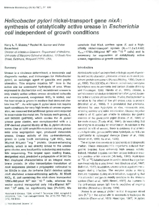 (PDF) Helicobacter pylori nickel-transport gene nixA: synthesis of ...