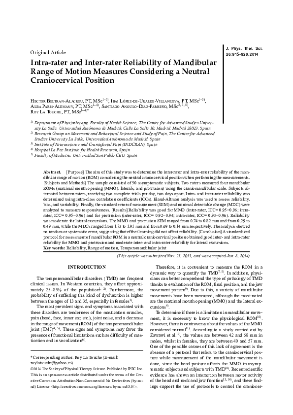 (PDF) Intra-rater and Inter-rater Reliability of Mandibular Range of ...