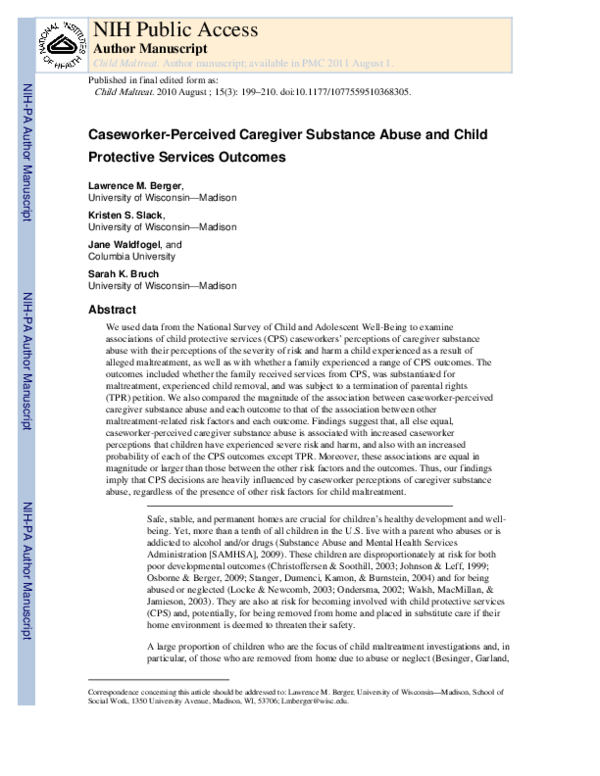 (PDF) Caseworker-Perceived Caregiver Substance Abuse and Child Protective Services Outcomes