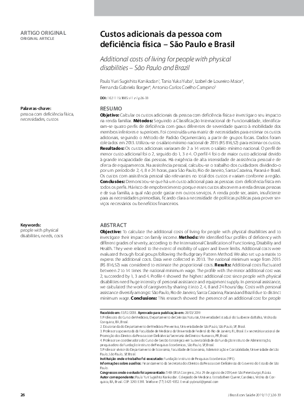 (PDF) Custos adicionais da pessoa com deficiência física – São Paulo e ...