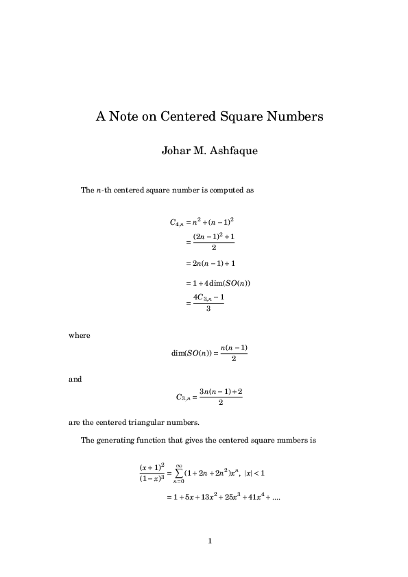 (PDF) A Note on Centered Square Numbers | Dr. J. M. Ashfaque (MInstP ...