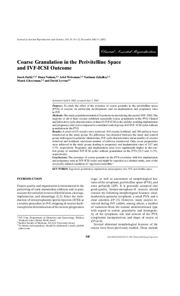 (PDF) Coarse granulation in the perivitelline space and IVF-ICSI outcome