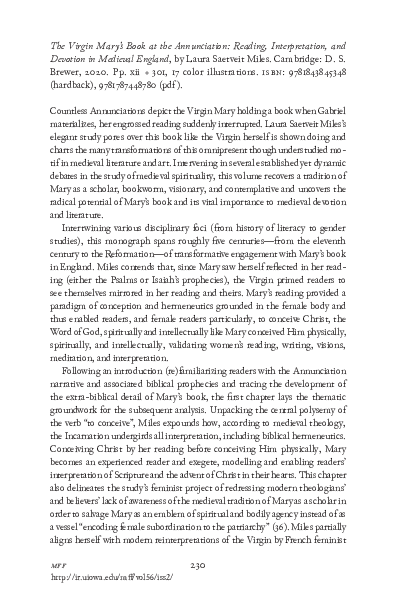 (PDF) Laura Saetveit Miles, The Virgin Mary’s Book at the Annunciation: Reading, Interpretation ...