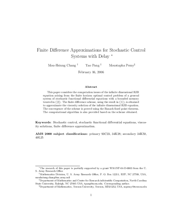(PDF) Finite Difference Approximations for Stochastic Control Systems with Delay