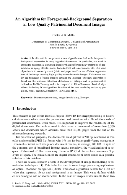 (PDF) An algorithm for foreground-background separation in low quality ...