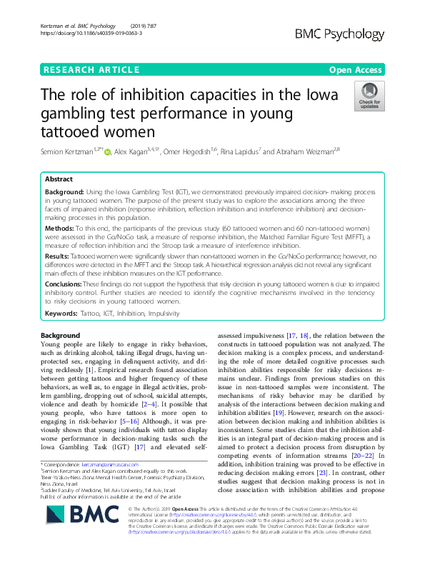 (PDF) The role of inhibition capacities in the Iowa gambling test ...